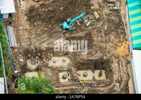 Aerial view of concrete bored pile foundation work on a construction ...