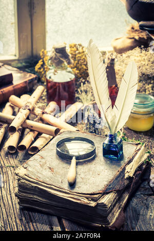 Witcher labolatory full of old scrolls and recipe Stock Photo - Alamy