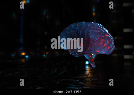 Brain and dark cubic space background, 3d rendering. Computer digital ...