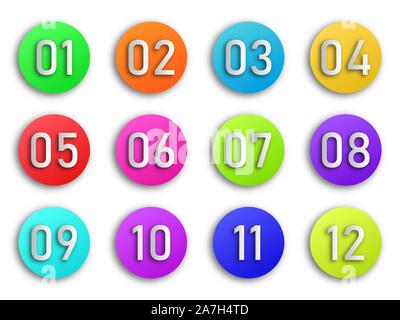 3D numbers bullet point. Circle buttons with numbers vector set. Colorful 3d buttons icons ...