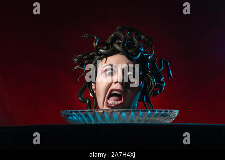 Medusa monster. Face of the Gorgon, gothic symbol of evil with snakes ...