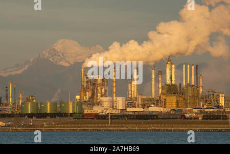 The Marathon Anacortes Refinery at dusk, Mt. Baker behind, from Fidalgo ...