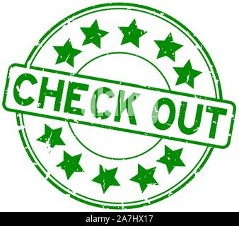 Grunge green check out word round rubber seal stamp on white background ...
