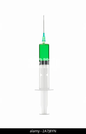 Plastic green syringe isolated on white background on vertical view ...