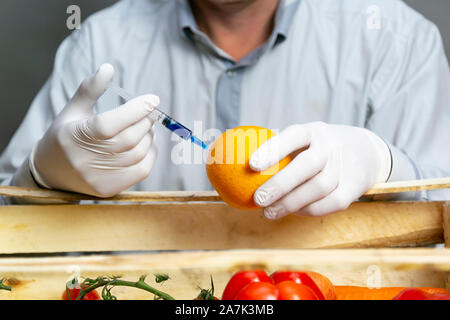 Fruits and vegetables inside an injection needle, nutrition, modified ...