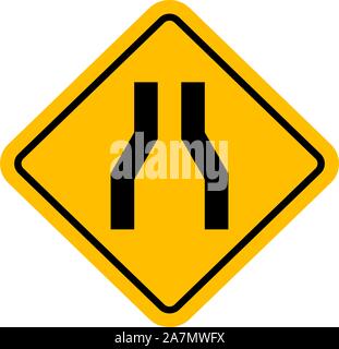 Vector illustration of narrow road yellow sign on white background ...