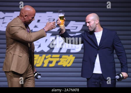 English actor Jason Statham, right, and American actor Dwayne Johnson ...