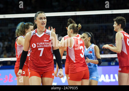 Turkey women's national volleyball team line up during the 2019 FIVB ...