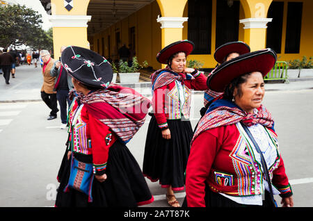 LIMA,PERU- circa OCTOBER, 2019: Peruvian ladies in traditional rural ...