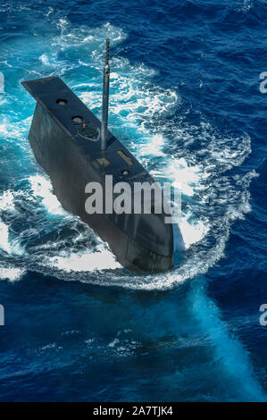 An aerial view of the sail of HMAS Rankin, a Royal Australian Navy ...