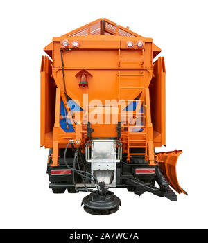 Rear of the orange street sweeper truck with road signs isolated on ...