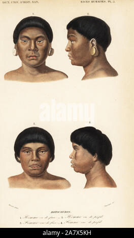 Man and woman of the Aymore or Botocudo people, Brazil. The man with ...