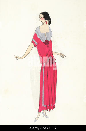 Woman in dress of geranium Moroccan crepe with lace collar and rococo ...