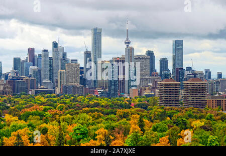 Toronto downtown and midtown skyline with autumn leaf colors in front ...