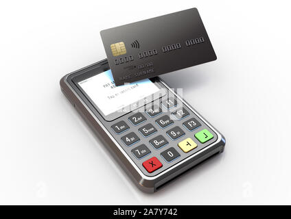 A portable handheld debit card machine with a bank card inserted into ...