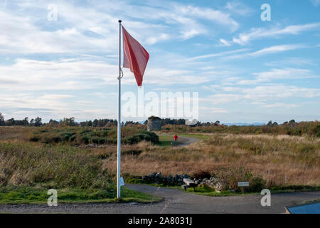 Flag indicating frontline of the Jacobite army on moorland at Culloden ...