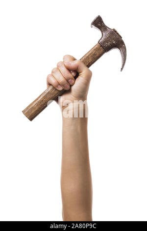 Hand raised up holds hammer isolated on white background Stock Photo ...
