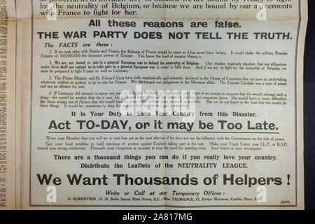 Replica newspaper at the start of World War One: The front page of the ...