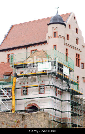 Scaffolding for the renovation of a tower at Alzenau Castle Stock Photo ...