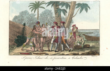 Christopher Columbus giving hawks' bells to the Taino people, the first ...