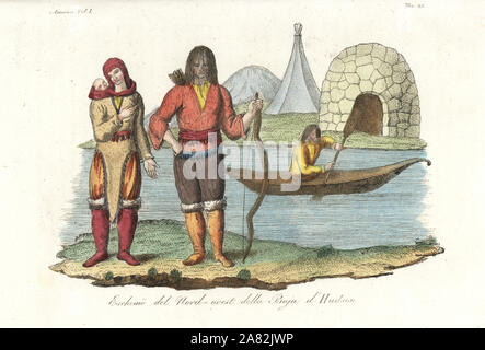Inuit (Eskimo) family in sealskin clothes, and man in kayak in front of ...