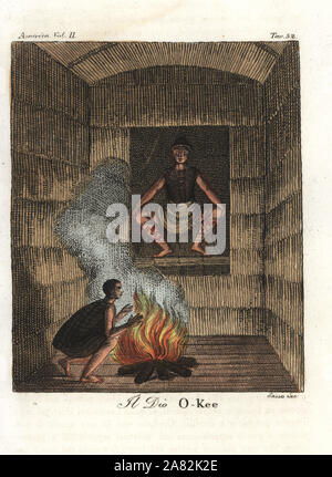 Native American making an offering at a shrine to the Powhatan god ...