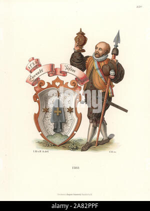 Fashion in the Middle Ages: ruff and cap, 1560, historical illustration ...