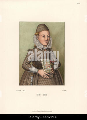 Fashion in the Middle Ages: ruff and cap, 1560, historical illustration ...