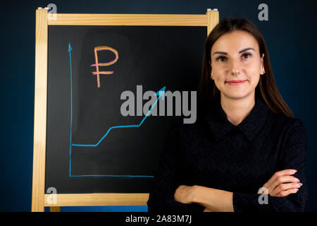 The ruble growth chart is drawn on a black chalkboard, happy woman is ...