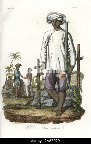 Vietnamese soldier with musket. Handcoloured copperplate drawn and ...