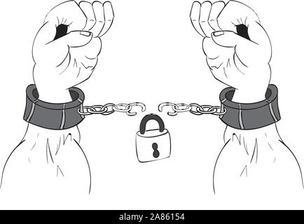 Gray metal chains with shackles on hands silhouette on white background ...