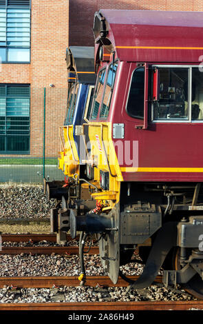 Class 66 diesel locomotive at the buffer stops of Lowestoft railway ...