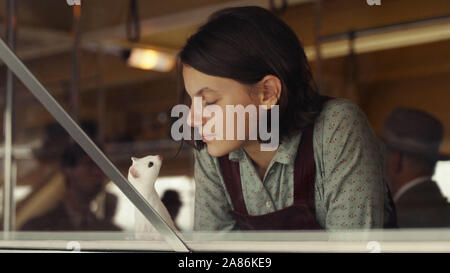 London.UK. Dafne Keen and shape shifting daemon Pantalaimon (voiced by ...