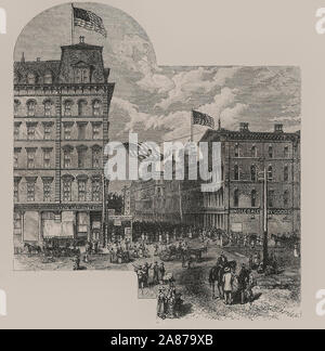 Business center of Atlanta Georgia about 1880. Hand-colored woodcut ...