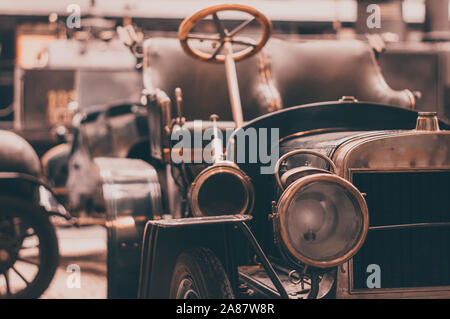 2017-09-17. Prague. Technical Museum. Old retro car steering wheel red ...