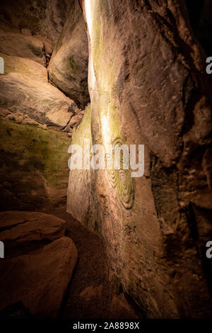 Interior of Newgrange with triple spiral or triskele, Celtic and pre ...