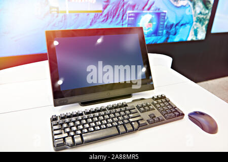 Workplace with keyboard mouse and monitors Stock Photo - Alamy
