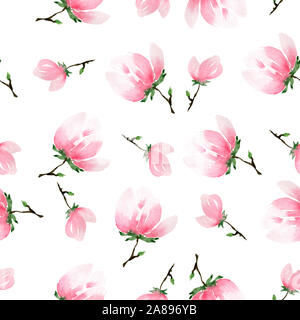 Watercolor seamless pattern with magnolia flowers, birds and decorative ...