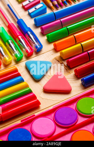 Colorful pencils spread out on wooden surface with copy space Stock ...