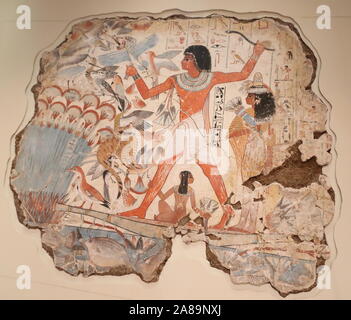 Egyptian wall painting of Nebamun hunting in the marshes 2 - British ...