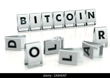 Letters of Bitcoin text on background with top light, 3d render background, computer generating ...