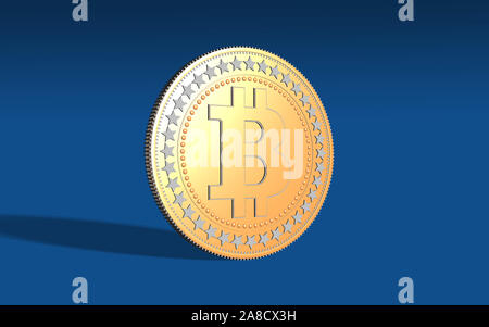 Shiny gold Bitcoin coin is standing in front of orange background. 3D ...