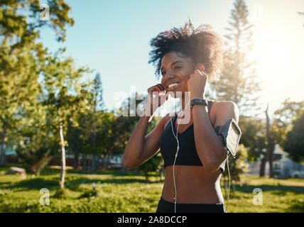 happy african american woman with earphones Stock Photo - Alamy