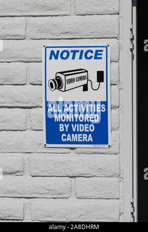 Warning sign tha video surveillance is in progress. Santa Monica, Los ...