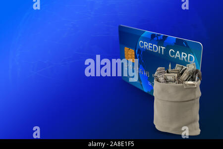3D credit card scene with collection of paper and coin US Dollars ...