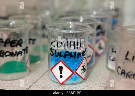 Crystals of copper (II) sulphate pentahydrate, grown on a thread. The ...