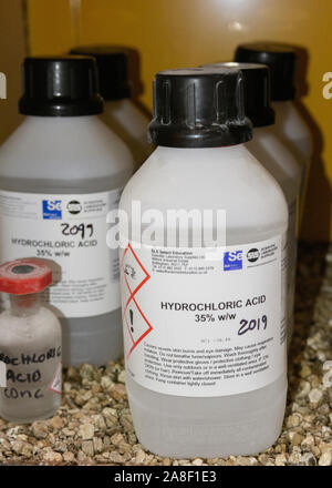 A bottle of concentrated hydrochloric acid (HCl) as used in a UK ...