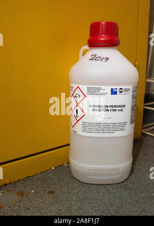 A bottle of 100 Vol hydrogen peroxide (H2O2) solution as used in a UK ...