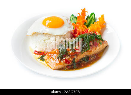 Salmon Stir fried Spicy Thai Basil hot sauce,Basil crispy with rice and ...