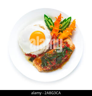 Salmon Stir fried Spicy Thai Basil hot sauce,Basil crispy with rice and ...